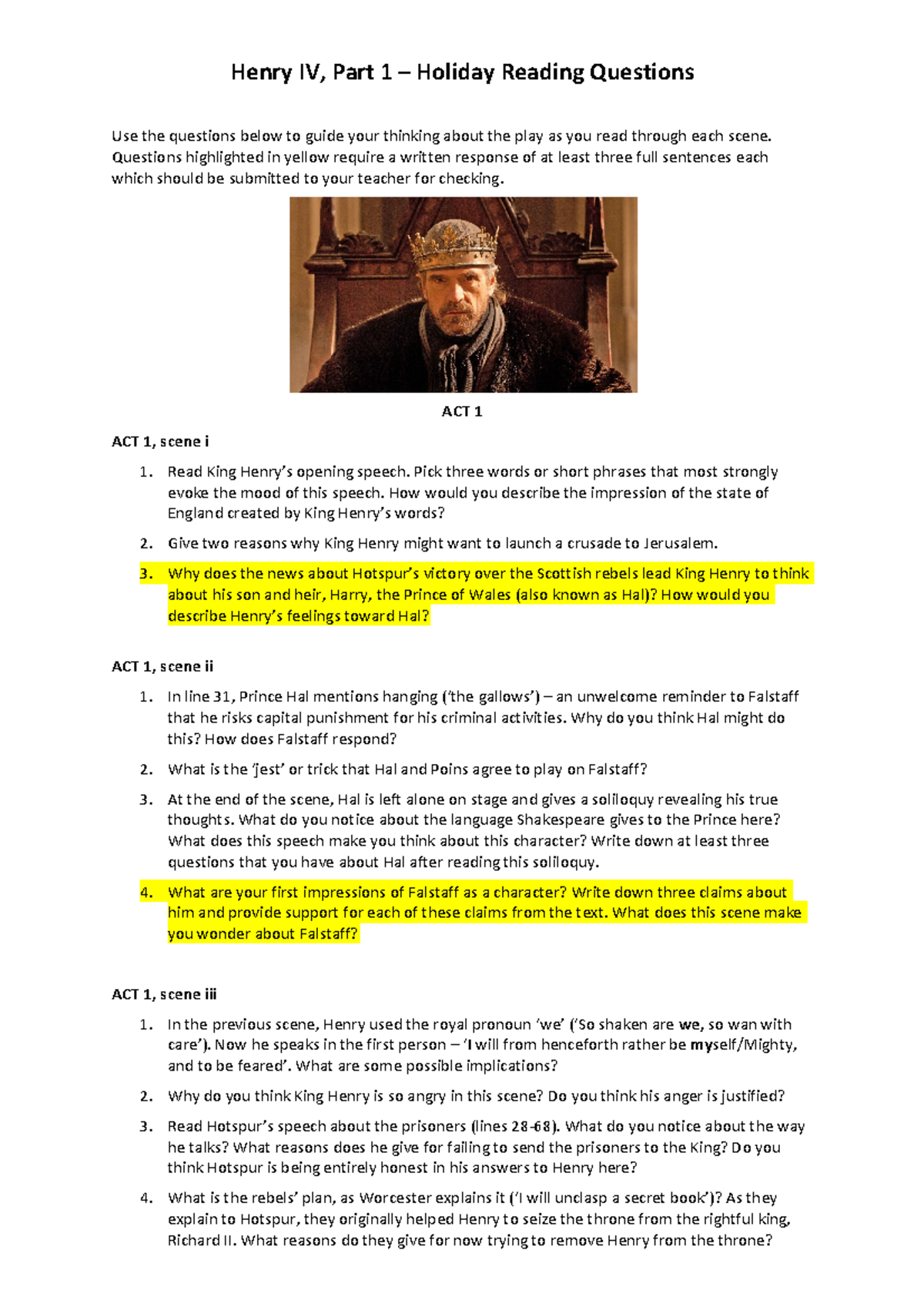 King Henry IV - Holiday Reading Homework - Henry IV, Part 1 – Holiday ...