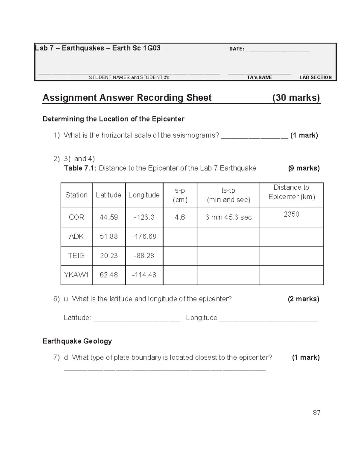 Lab 7 - Earthquakes - Winter 2020 - Fillable PDF - 87 Lab 7 ...