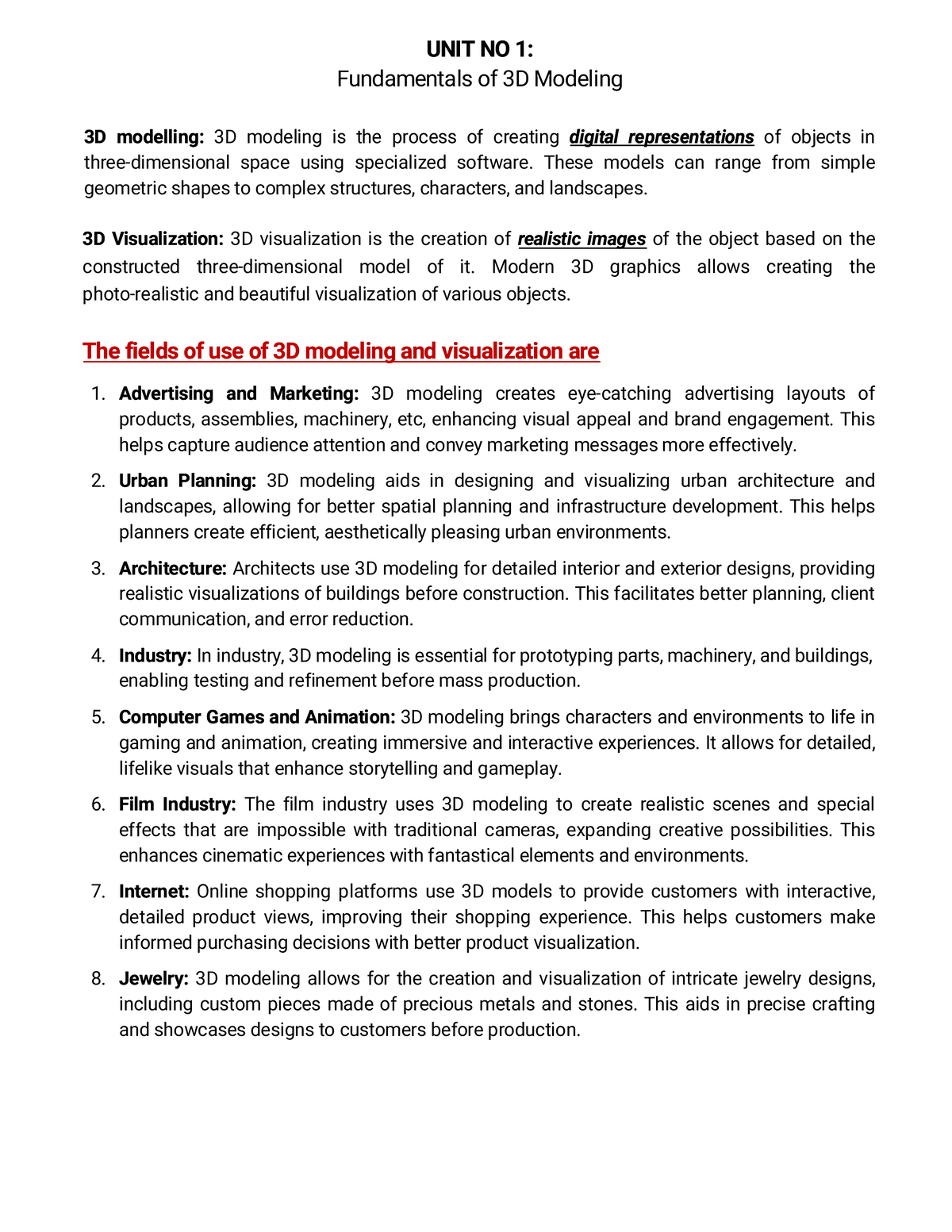 Unit 1 - Lecture notes of subjec t - UNIT NO 1: Fundamentals of 3D ...