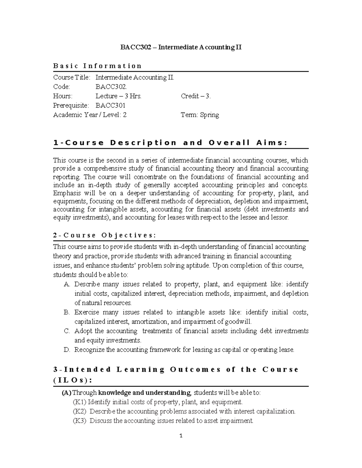 Course Syllabus - intermediate acc sylabus - BACC302 – Intermediate Accounting II B a s i c I n ...