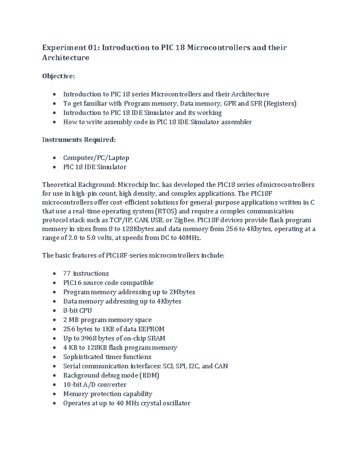 Microprocessor manual - Experiment 01: Introduction to PIC 18 Microcontrollers and their - Studocu