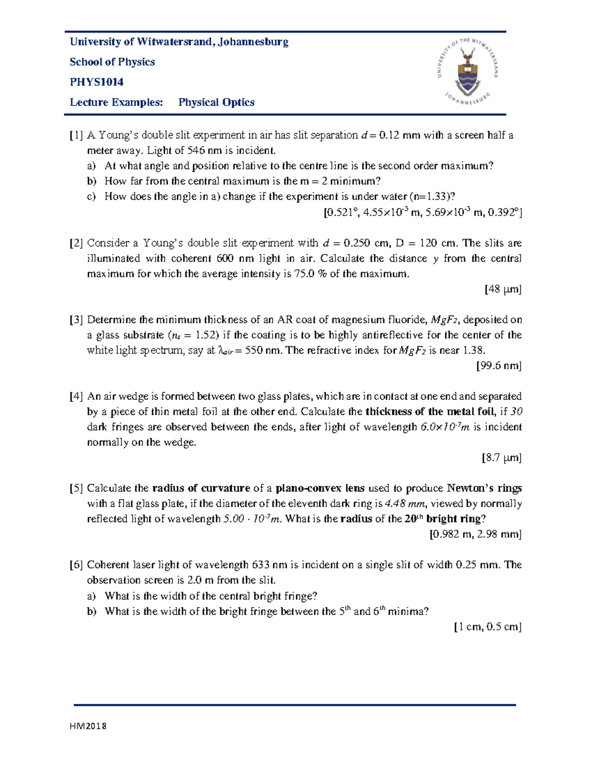 Lecture Examples - Physical Optics 2018 - University of Witwatersrand ...