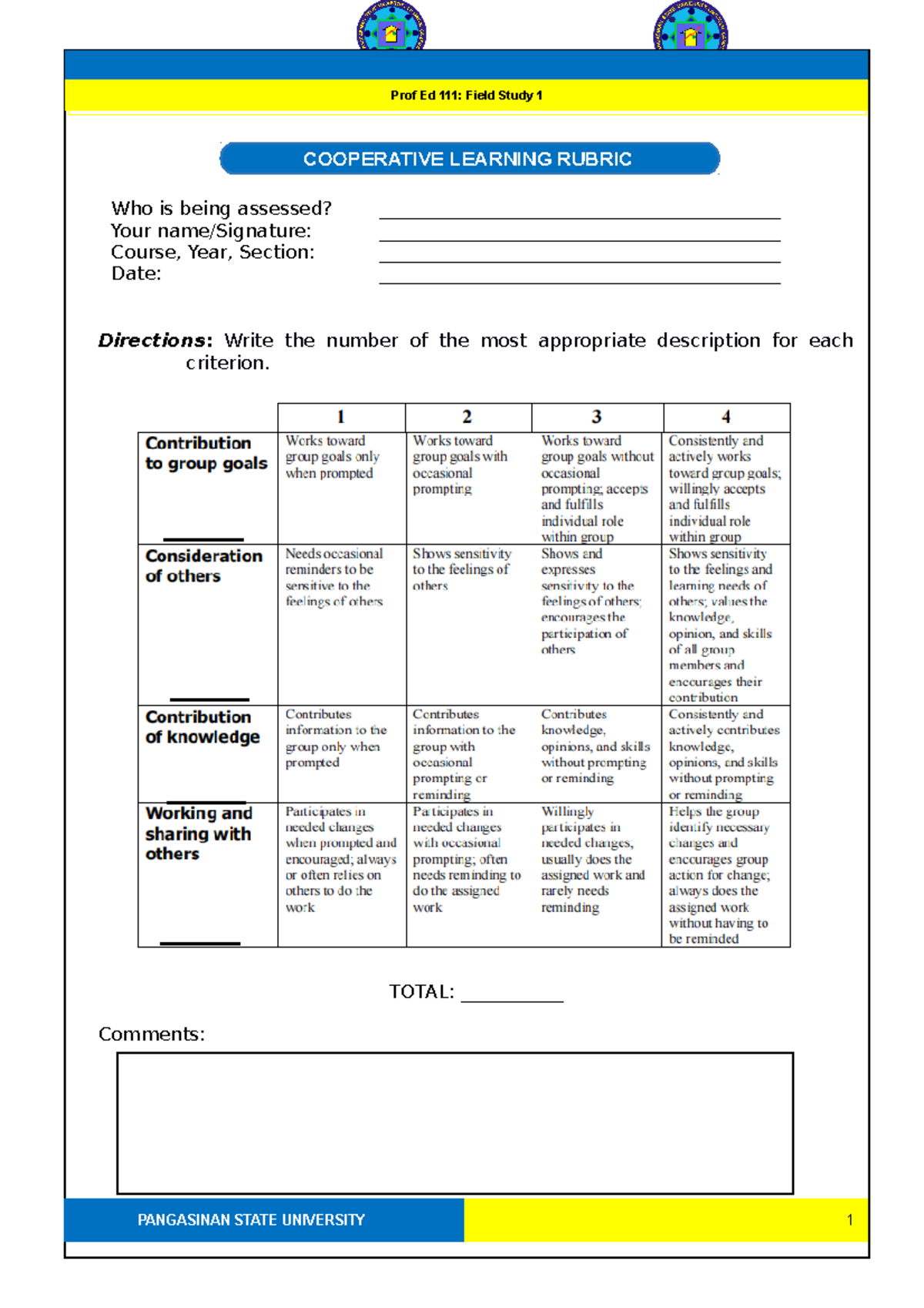 Cooperative-Learning-Rubric - Directions: Write the number of the most ...