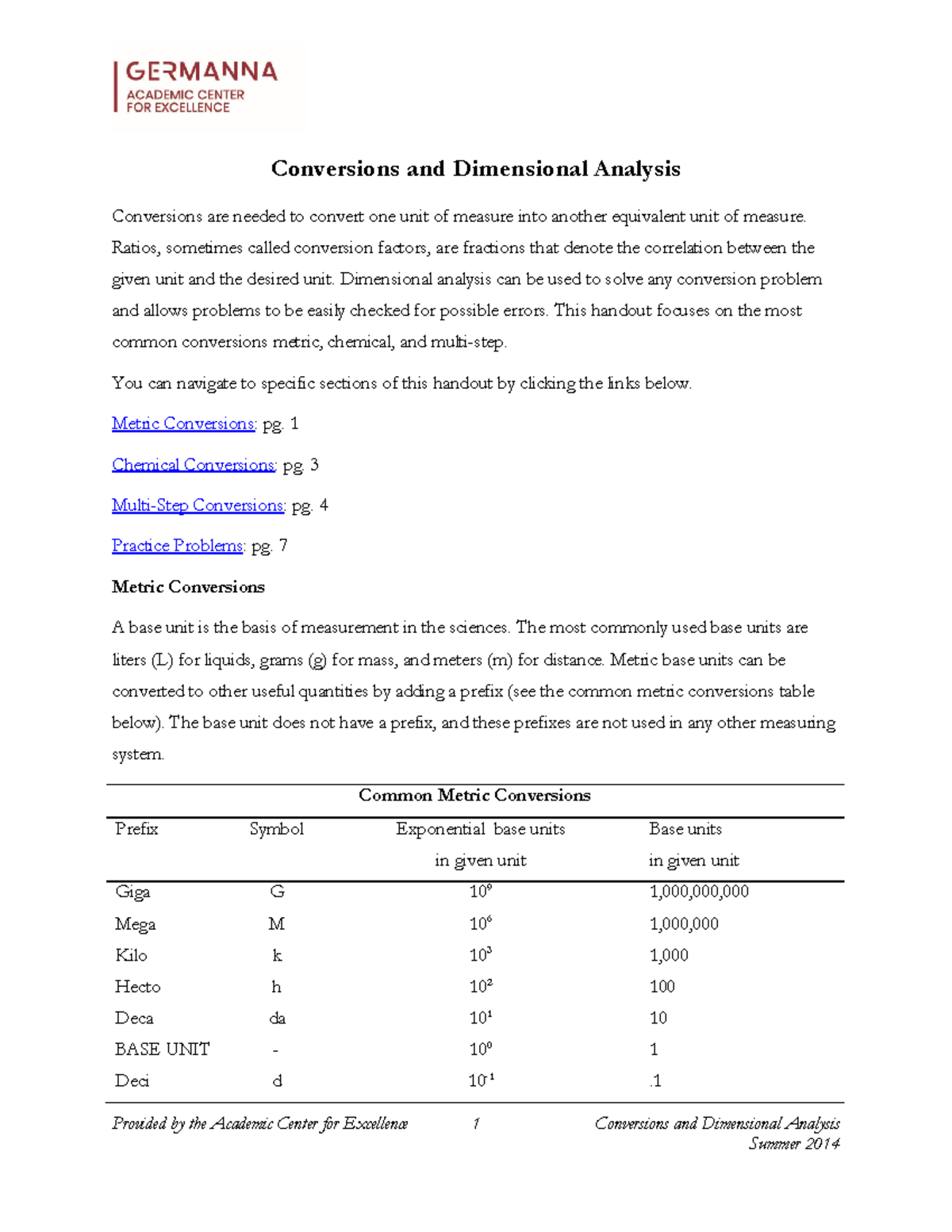 Conversion and Dimensional Analysis - Provided by the Academic Center ...