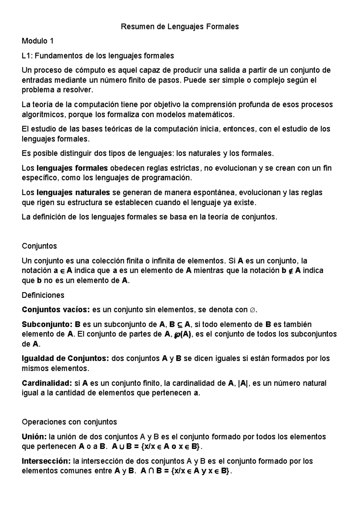 Resumen de Lenguajes Formales - Resumen de Lenguajes Formales Modulo 1 ...