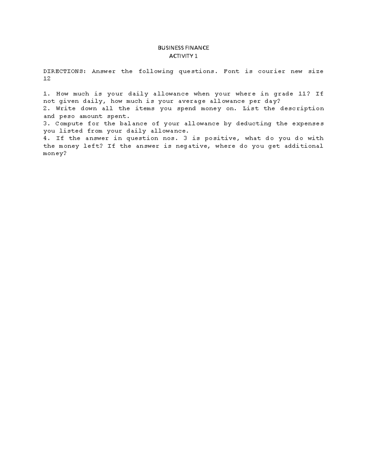 Business Finance Activity 1-1 - BUSINESS FINANCE ACTIVITY 1 DIRECTIONS ...