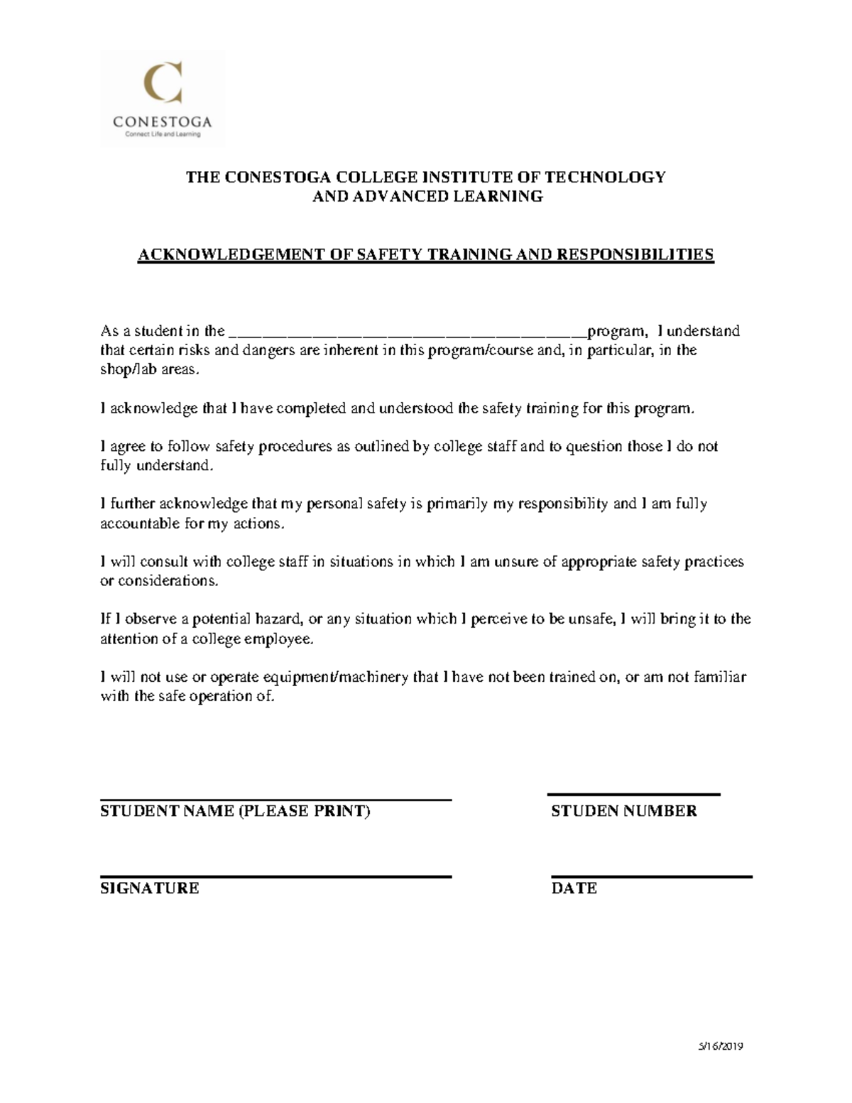Student Acknowledgement of Safety Form - 5/16/ THE CONESTOGA COLLEGE ...