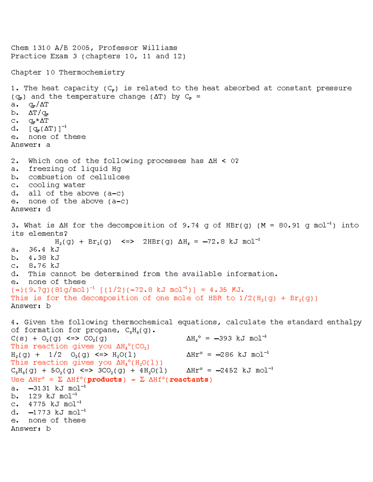 FA05 Practice Exam 3 Key - Chem 1310 A/B 2005, Professor Williams ...