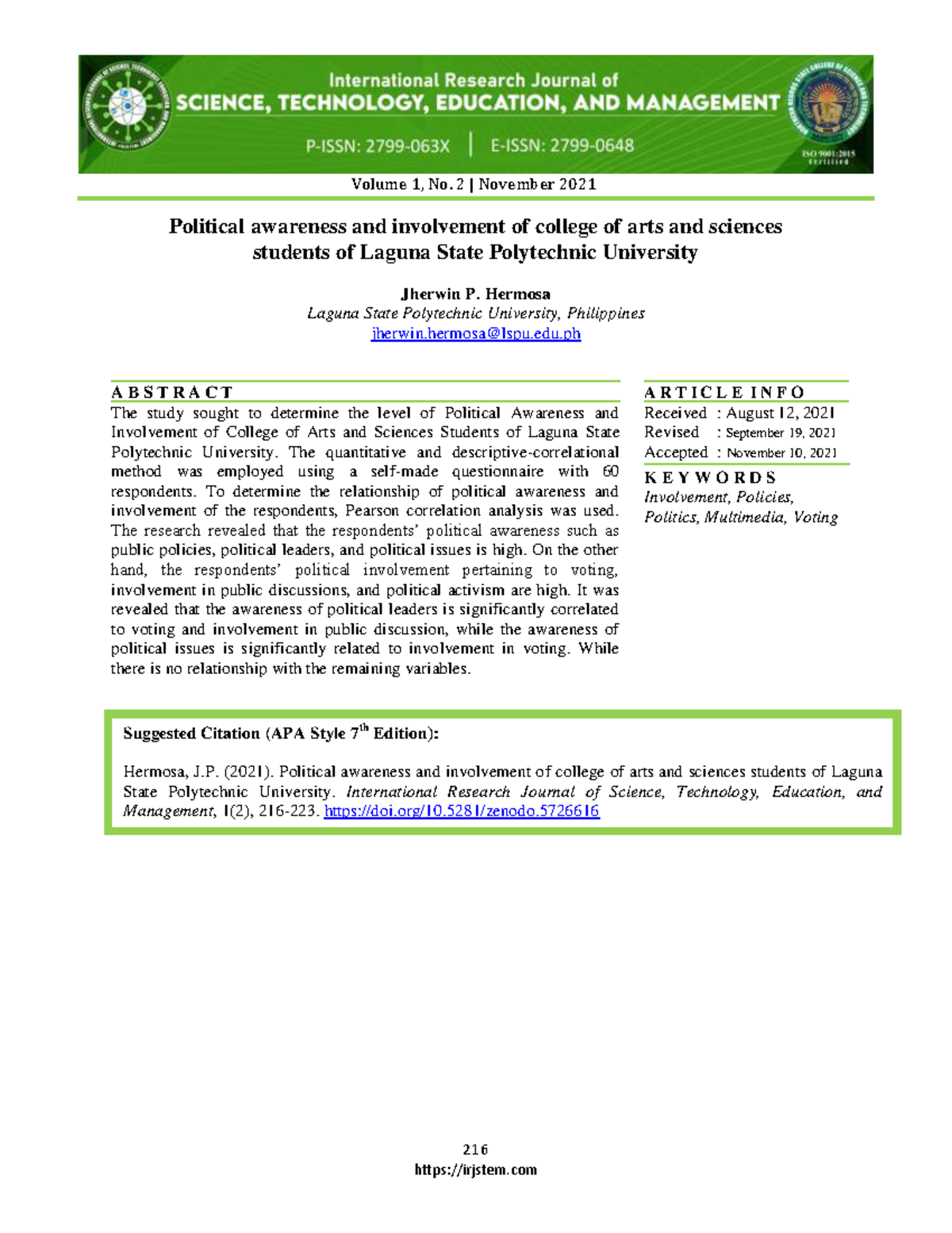 Irjstem-Volume 1 No2 Paper 17 - Volume 1, No. 2 | November 2021 216 ...