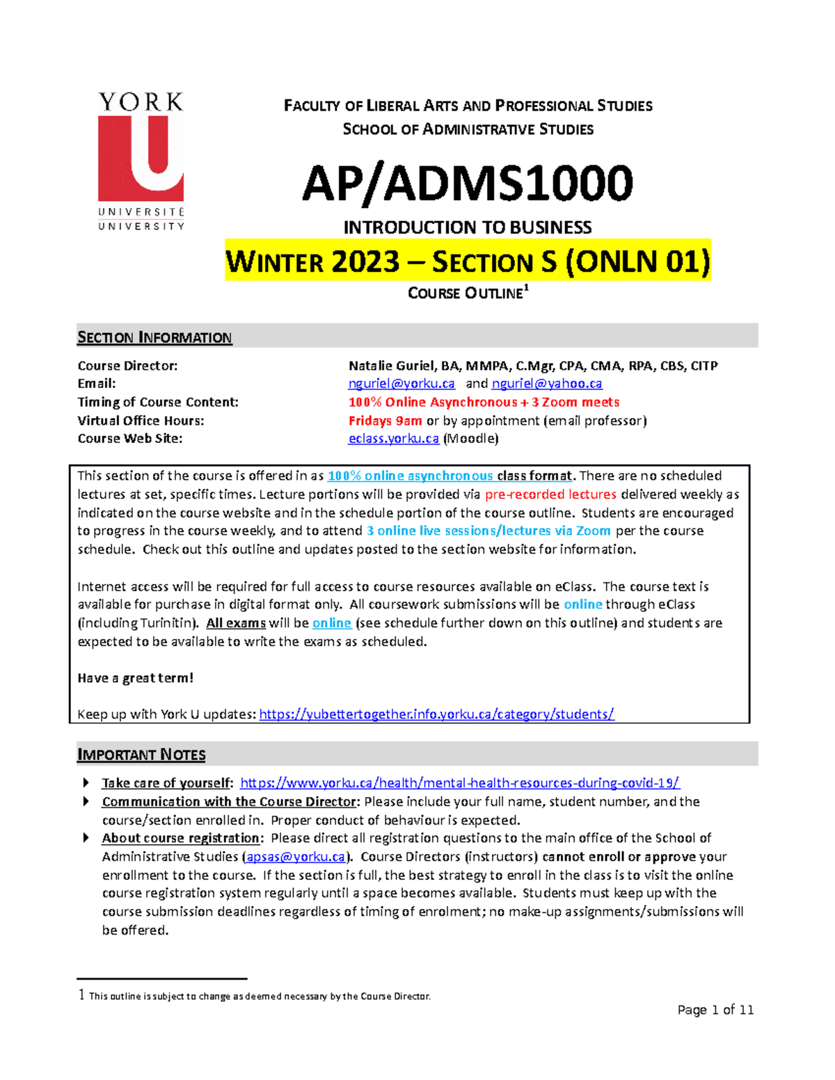 ADMS-1000-Course-Outline-W23 -Section-S- Onlin-Dec-1 - FACULTY OF ...