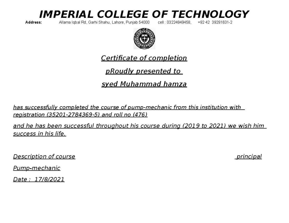 Imperial College OF Technology - Certificate of completion pRoudly presented to syed Muhammad ...