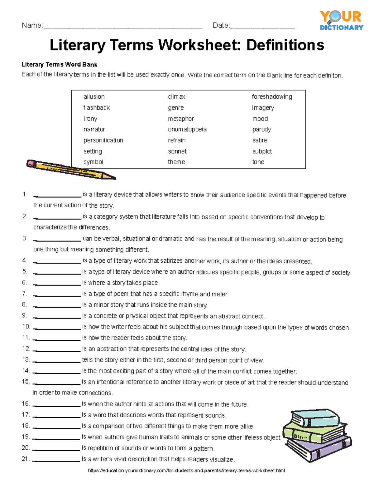 Literary Elements Practice - Literary Terms Word Bank Each of the ...