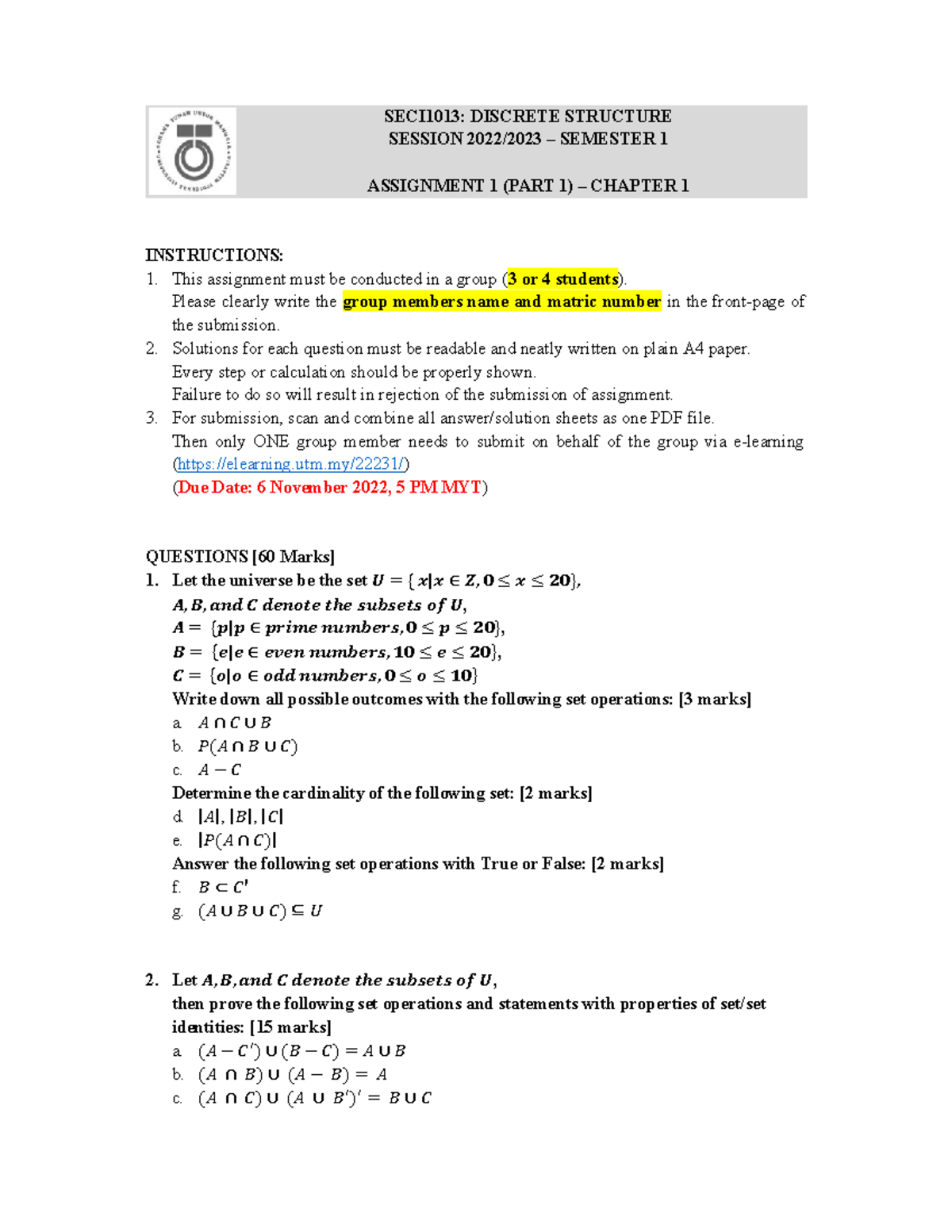 ASG1 PART1- Chapter 1 - Assignment - SECI1013: DISCRETE STRUCTURE ...