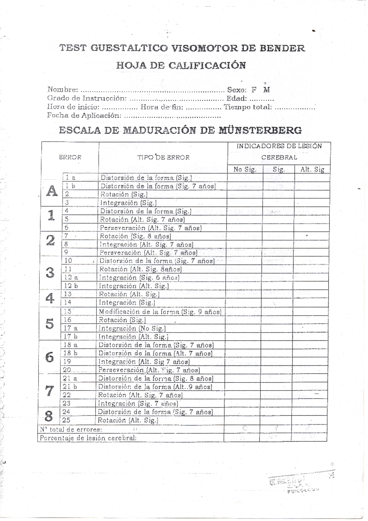 TEST DE Bender (HOJA DE Corrección) - TEST GUESTALTICO VISOMOTOR DE ...