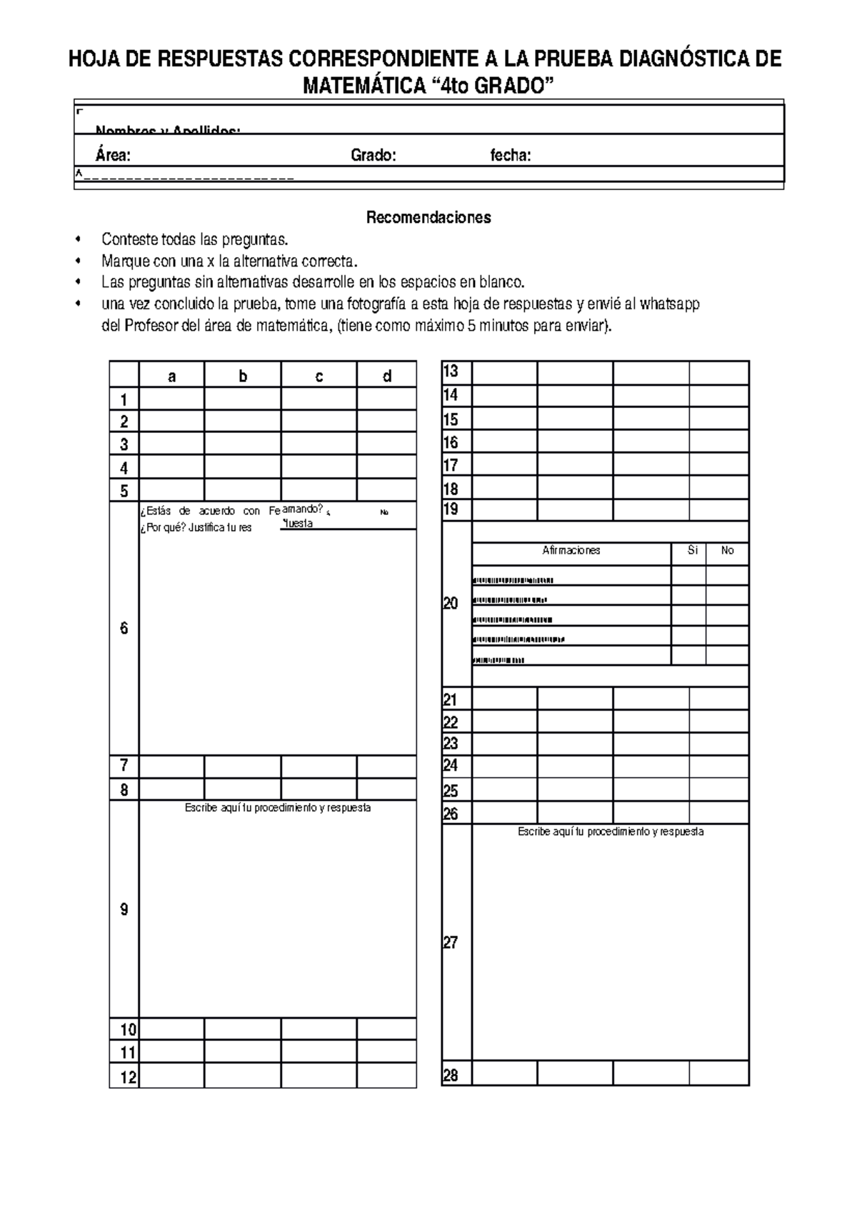 HOJA DE Respuestas Correspondiente A LA Prueba Diagnóstica DE - HOJA DE ...