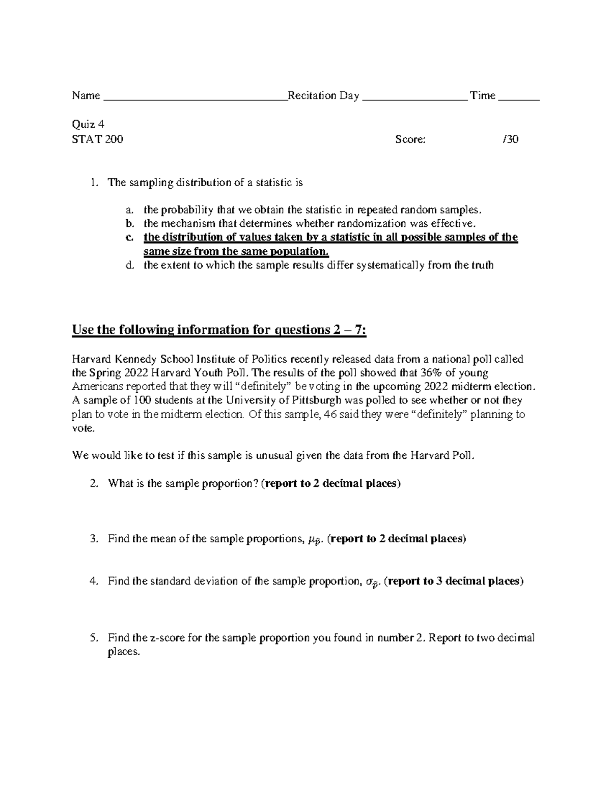 Quiz 04 - Professor Dr. Paris. Quiz 4. - Name Recitation Day Time Quiz ...
