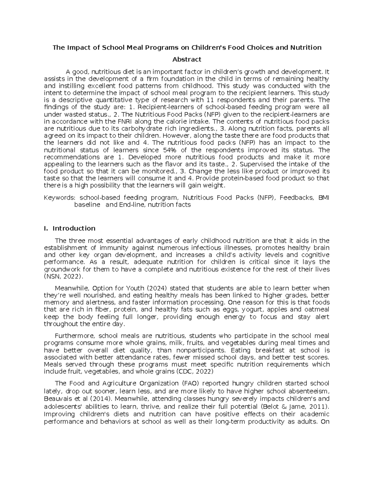 School based feeding program and the imporvemnet of BMI of the learners ...