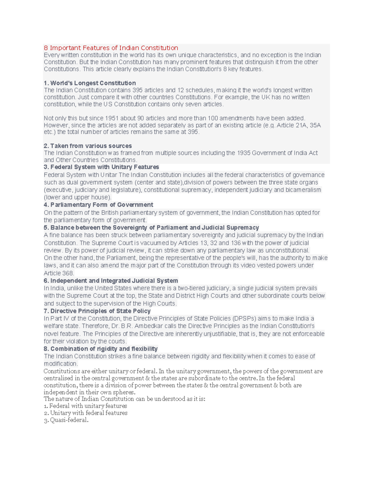 Constitution - NOTES - 8 Important Features of Indian Constitution ...