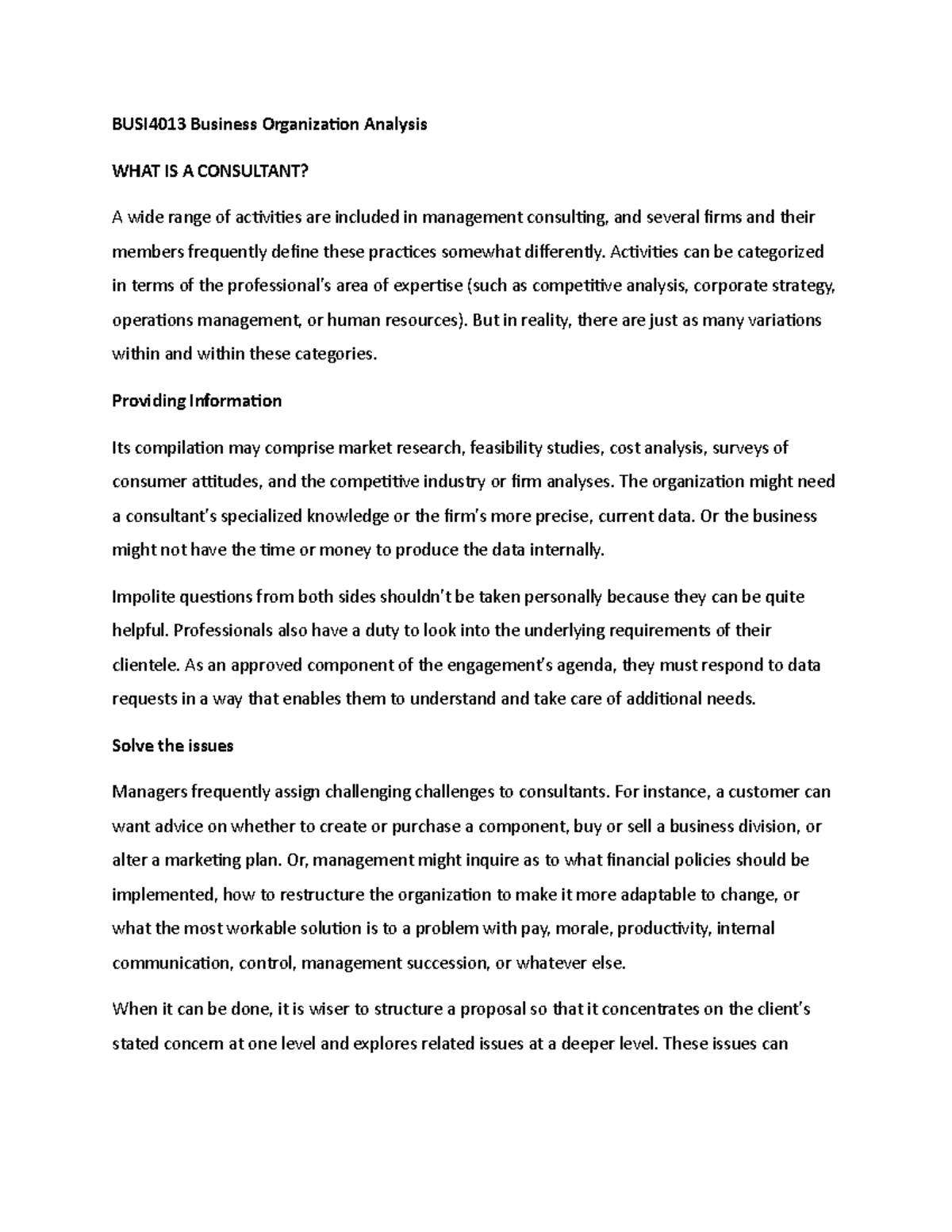 BUSI4013 Business Organization Analysis - Consultant - BUSI4013 ...