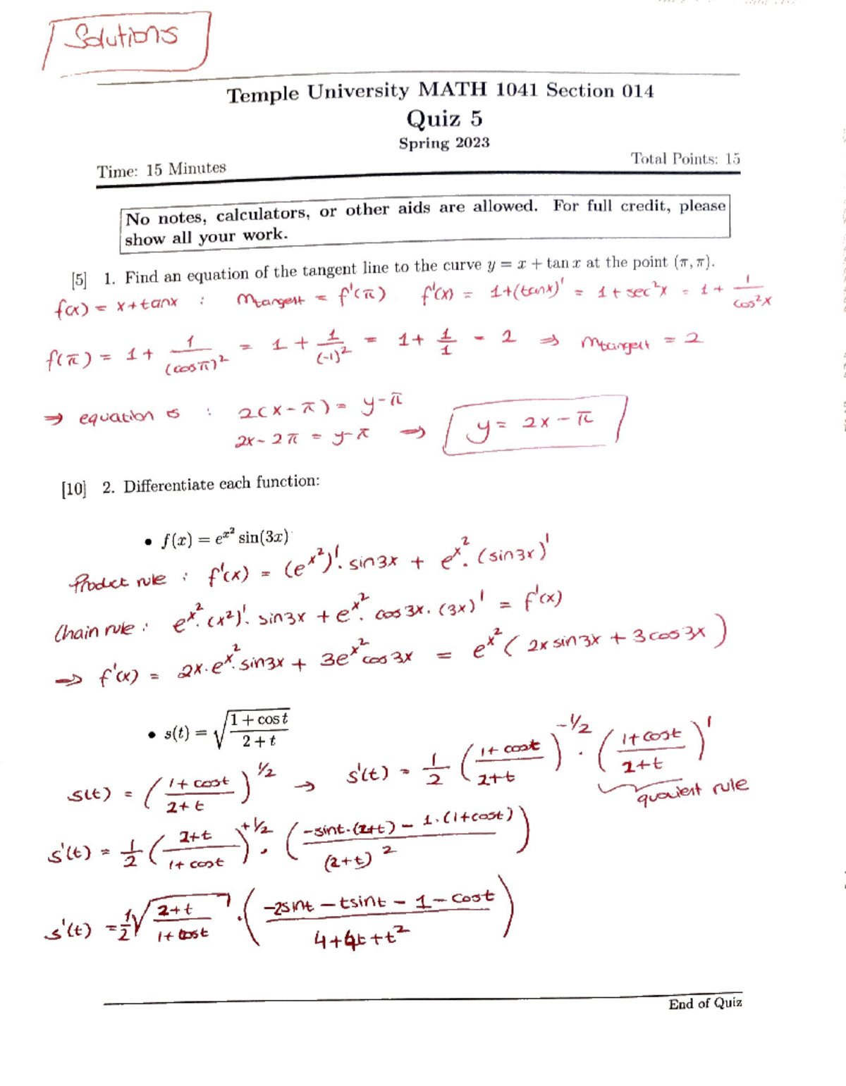 Calc1 - Quiz 5 Solutions - MATH 1041 - Studocu