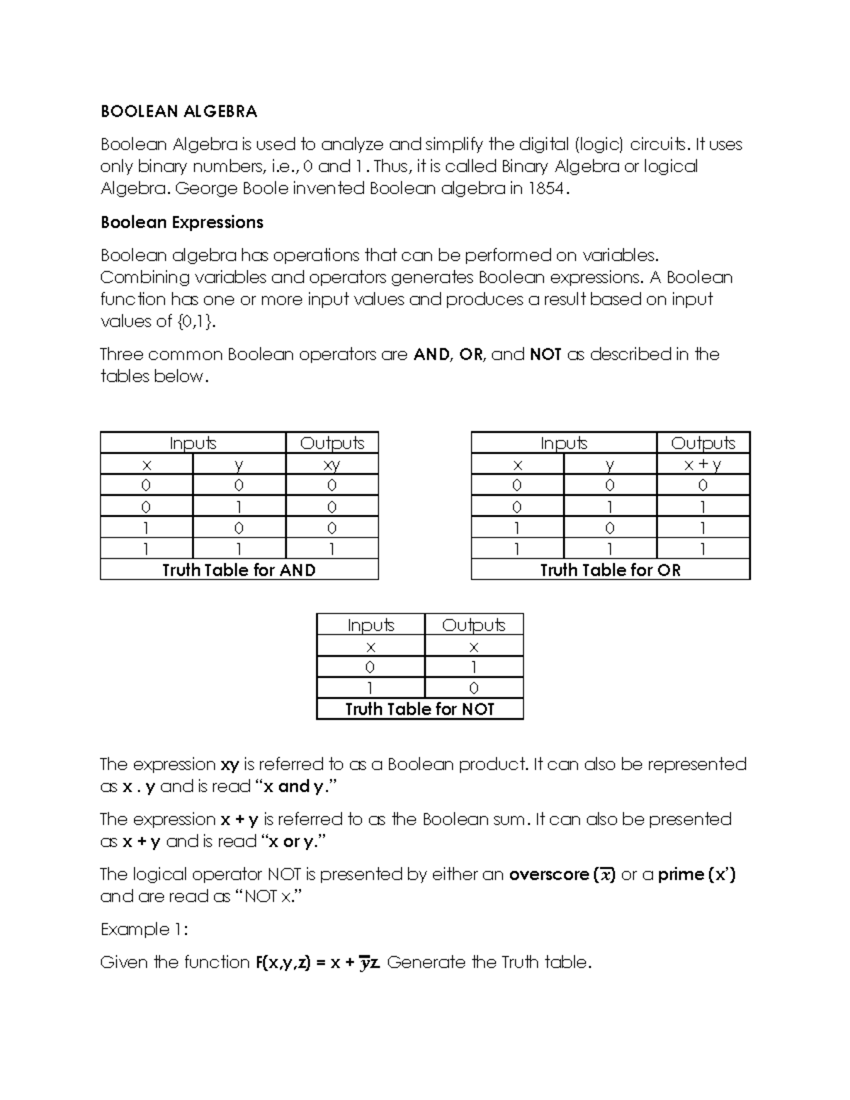 Boolean Algebra - BOOLEAN ALGEBRA Boolean Algebra is used to analyze ...
