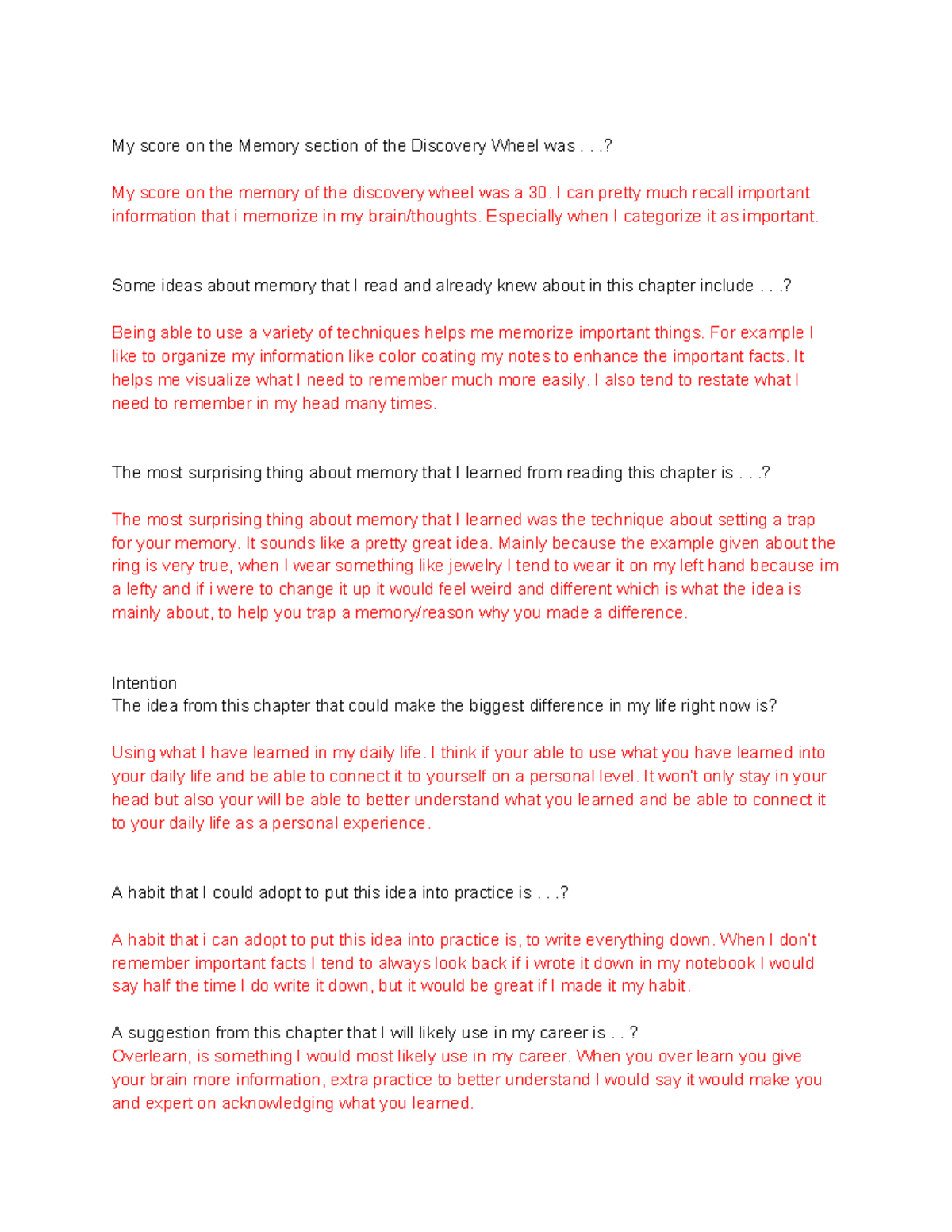 My score on the Memory section of the Discovery Wheel was (dragged ...