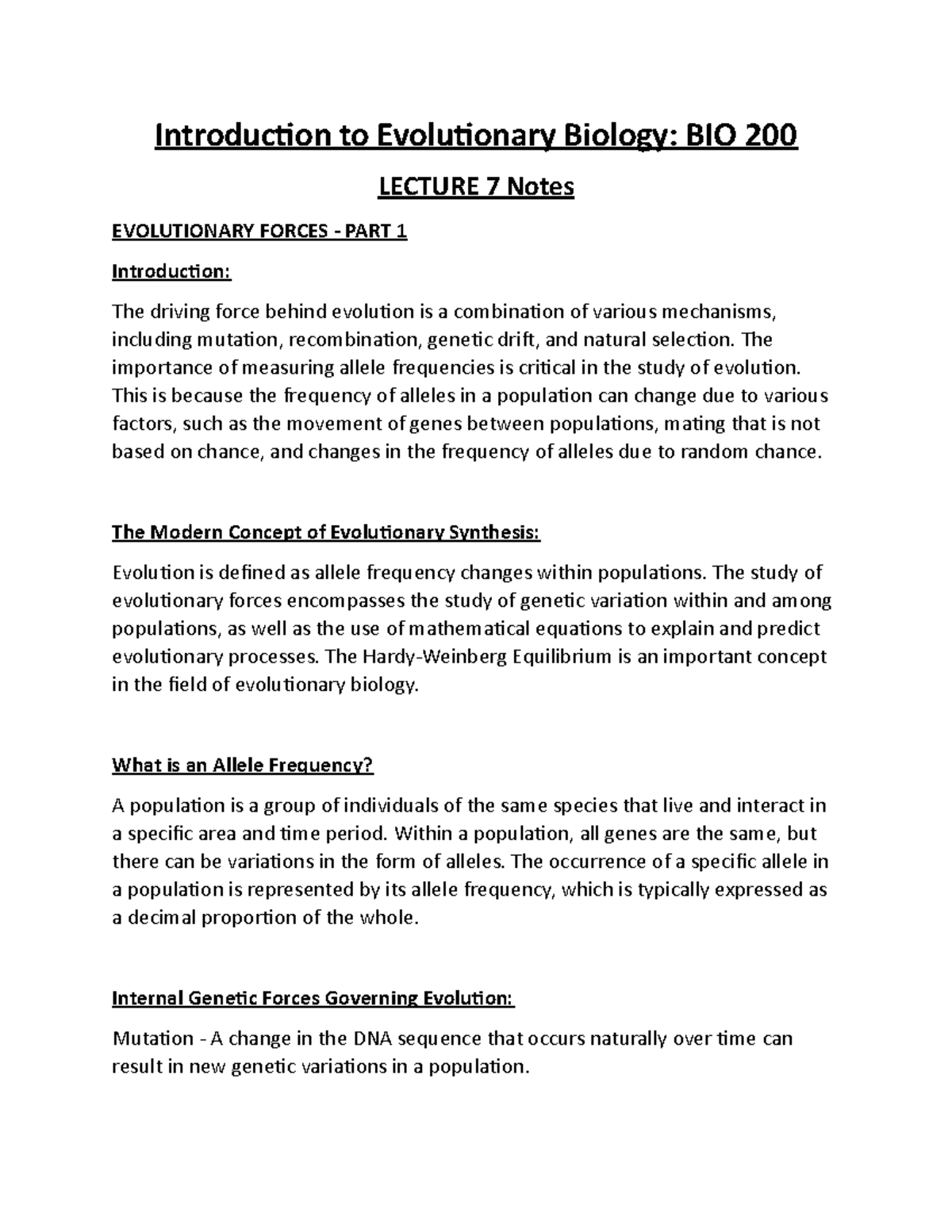 Introduction to Evolutionary Biology BIO 200 Lecture 7 - MY Notes ...