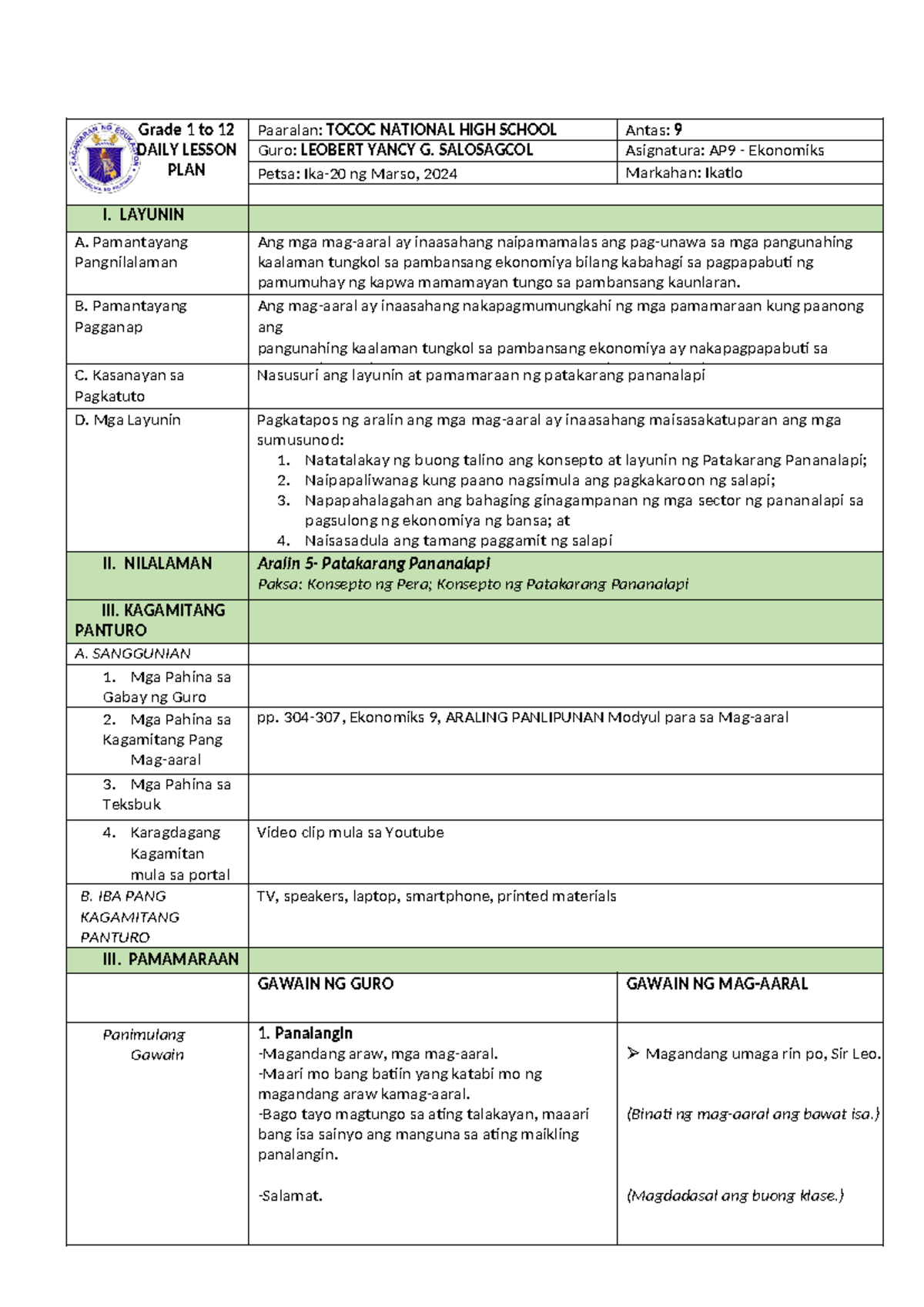DLP-Yancy - Watch notting ham - Grade 1 to 12 DAILY LESSON PLAN ...