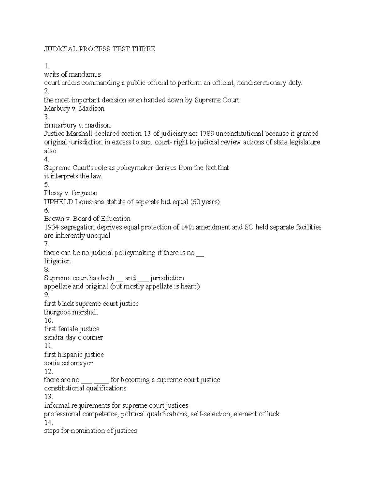 REVIEW FOR Judicial Process TEST Three - JUDICIAL PROCESS TEST THREE 1 ...