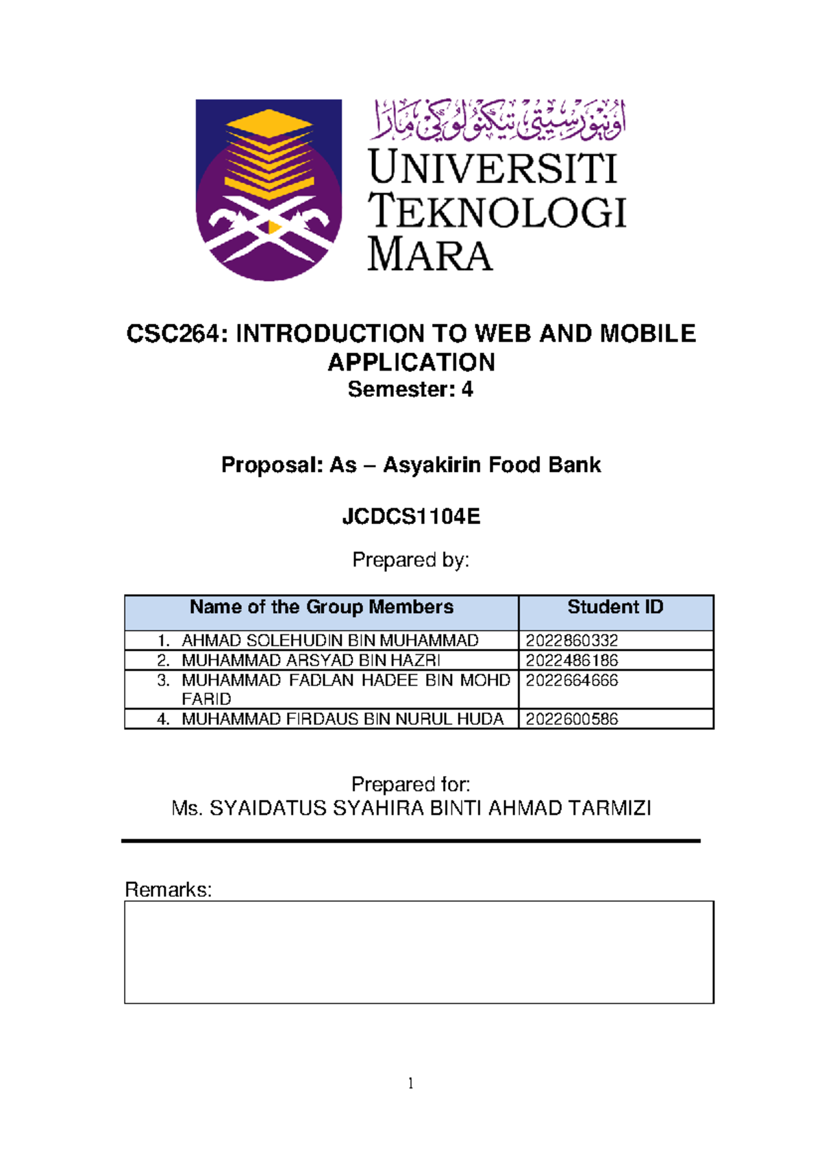 As Syakirin proposal - CSC264: INTRODUCTION TO WEB AND MOBILE APPLICATION Semester: 4 Proposal ...