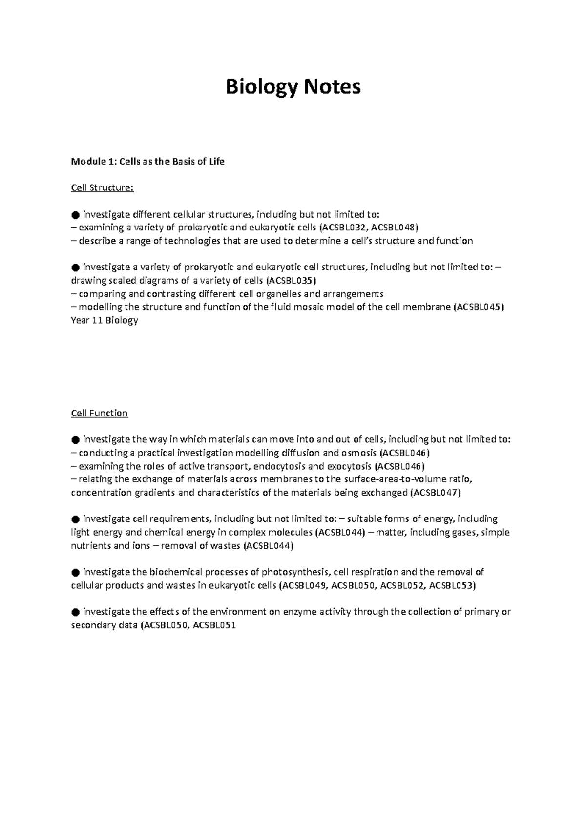 Biology Notes - Biology Notes Module 1: Cells as the Basis of Life Cell ...