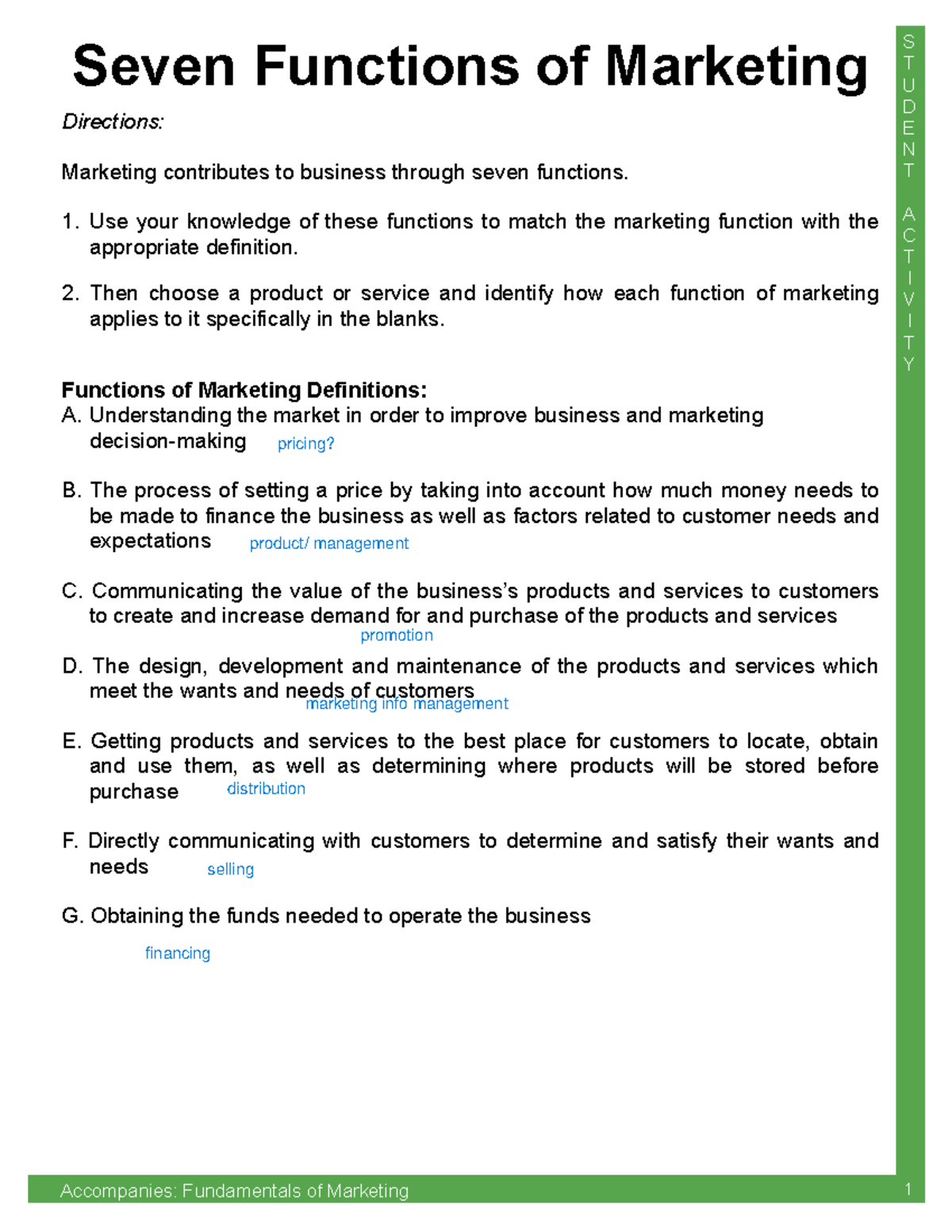 Activity - Seven Functions of Marketing JP - S T U D E N T A C T I V I ...