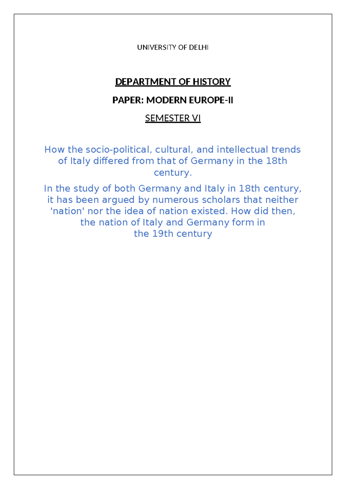Italian & German Unification - UNIVERSITY OF DELHI DEPARTMENT OF ...