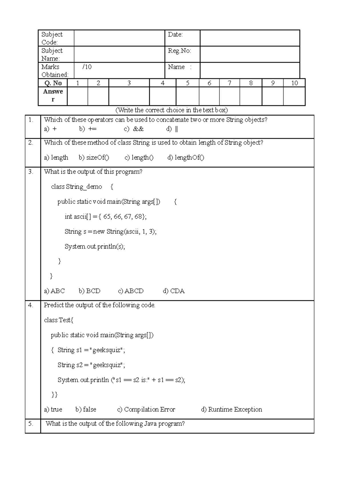 Oopp Lab Viva Mcq Quiz Subject Code Date Subject Name Reg Marks Obtained 10 Name Q