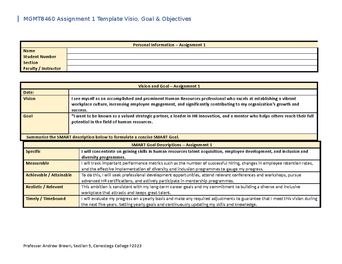 Assignment 1 Template Vision Goal Objective S9 F23 - MGMT8460 Assignment 1 Template Visio, Goal ...
