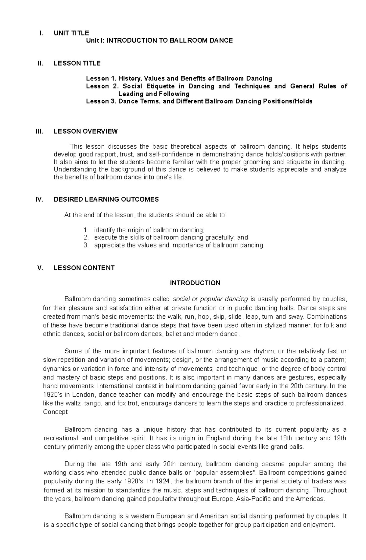 Pathf 4 Module 2 - I. UNIT TITLE Unit I: INTRODUCTION TO BALLROOM DANCE ...