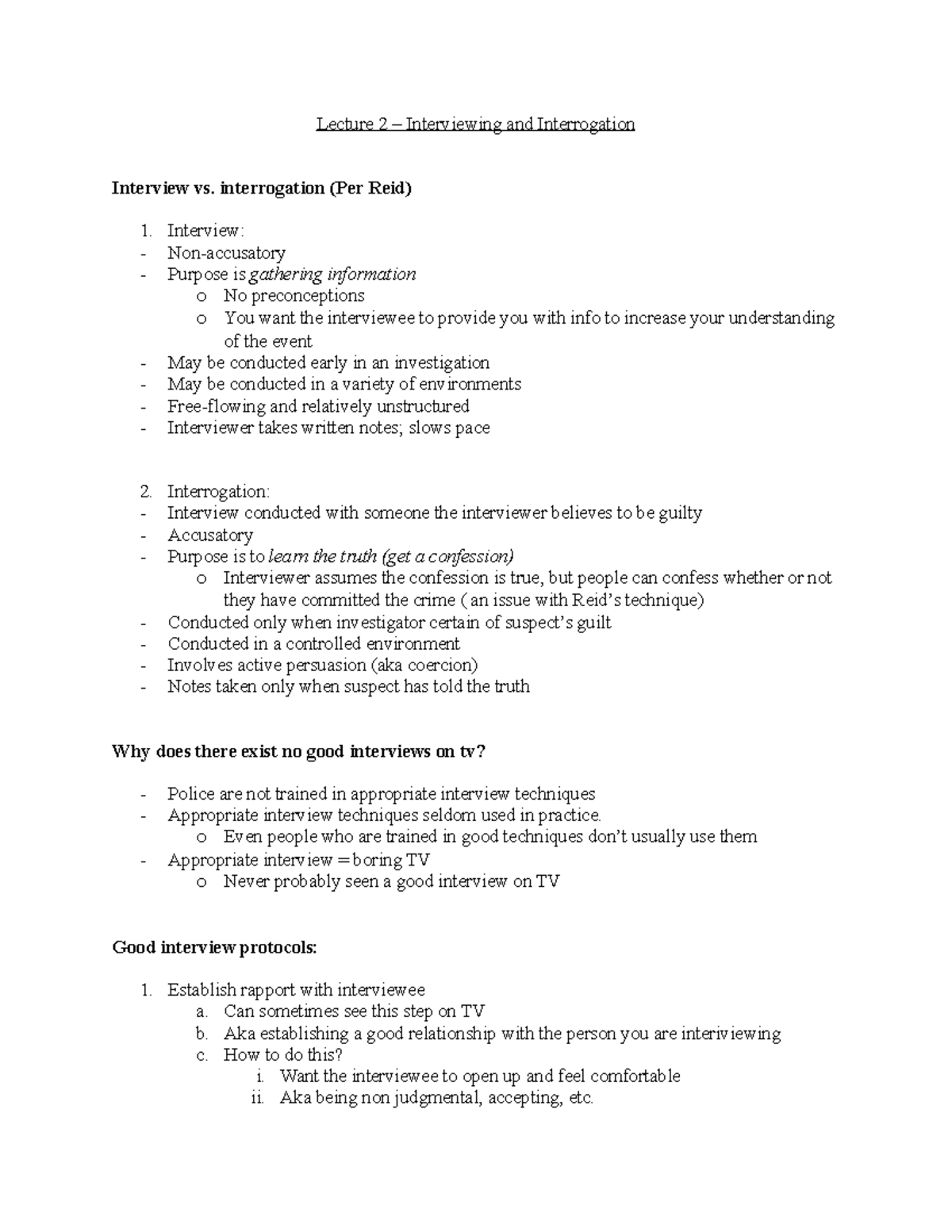 Lecture 2 – Interviewing and Interrogation - Lecture 2 – Interviewing ...