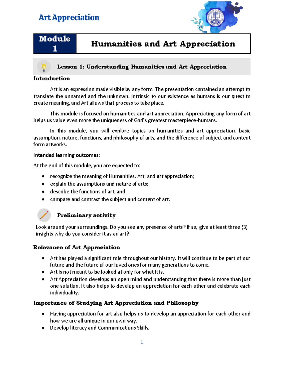 Module 1 Understanding Humanities and Art Appreciation - Module 1 ...