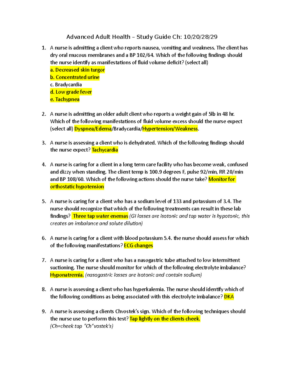 Exam 1 study guide - n/a - Advanced Adult Health – Study Guide Ch: 10 ...