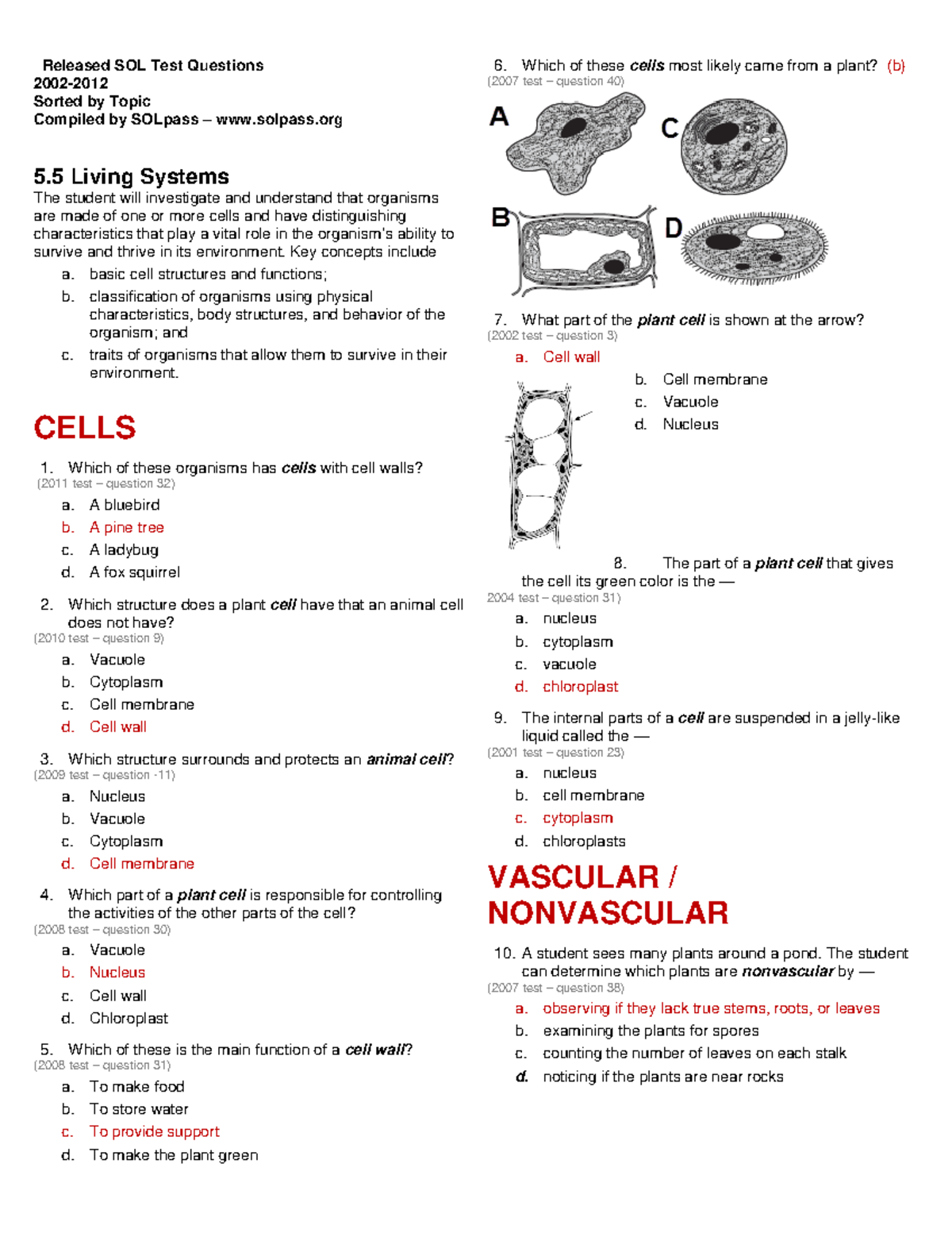 5 5 living systems final key - Released SOL Test Questions 2002- Sorted ...