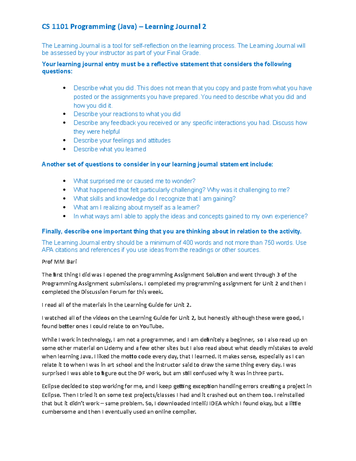 CS1102 Programming 1 - Learning Journal 2 - CS 1101 Programming (Java) – Learning Journal 2 The ...