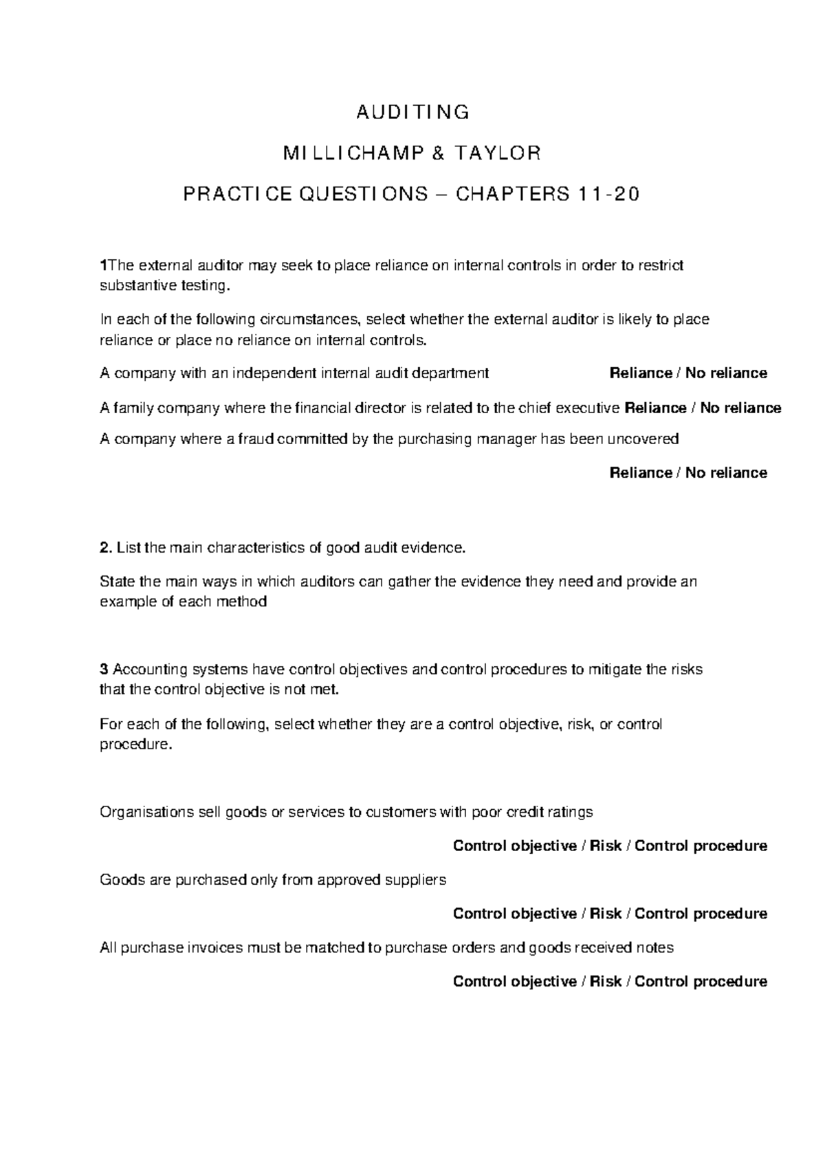 Sample/practice exam 2015, questions - AUDITING MILLICHAMP &amp; TAYLOR ...