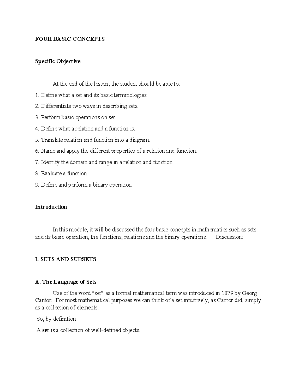 Module 2 - FOUR BASIC CONCEPTS Specific Objective At the end of the lesson, the student should ...