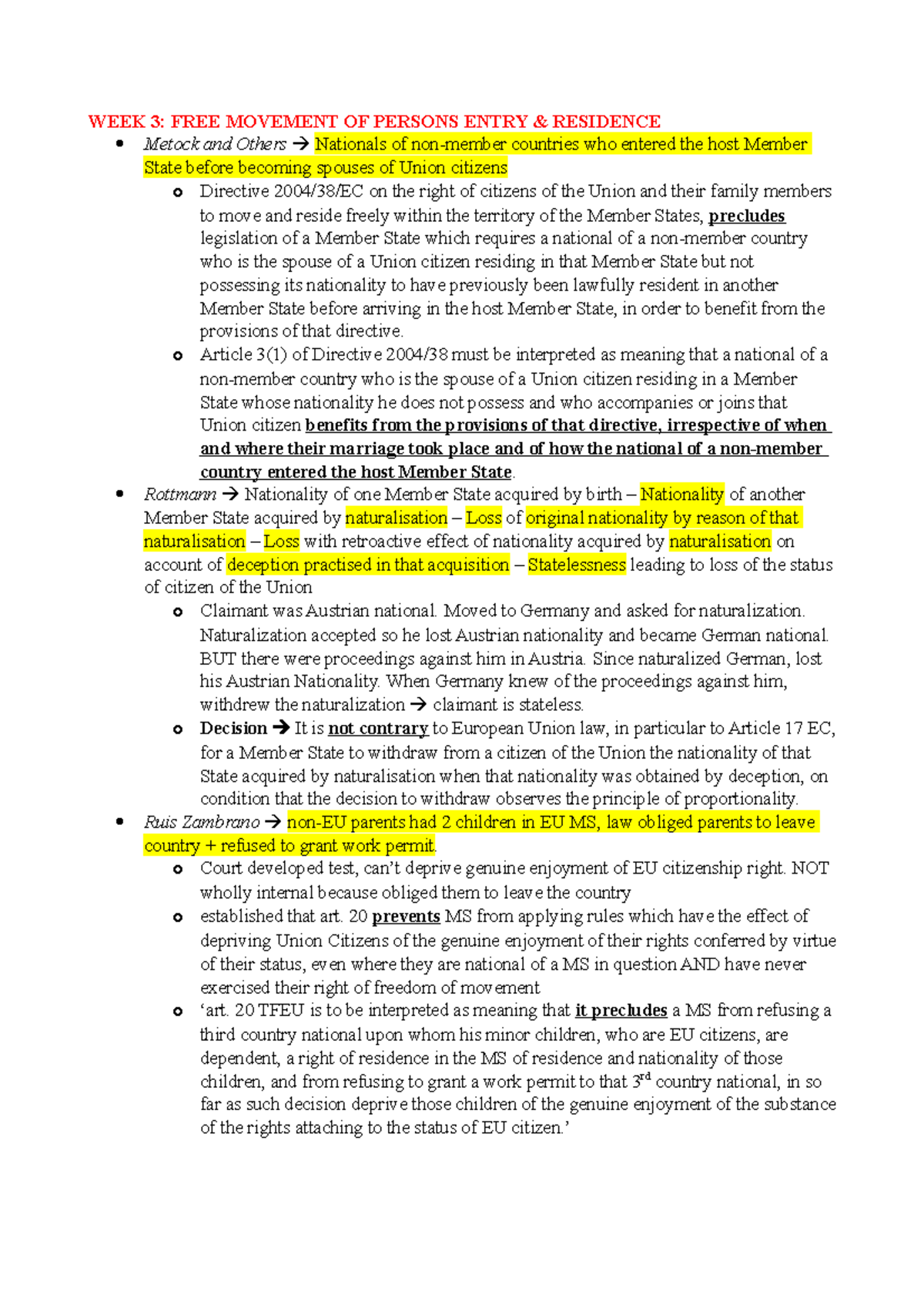 W3 CASE LAW - W3 CASE LAW - WEEK 3: FREE MOVEMENT OF PERSONS ENTRY ...
