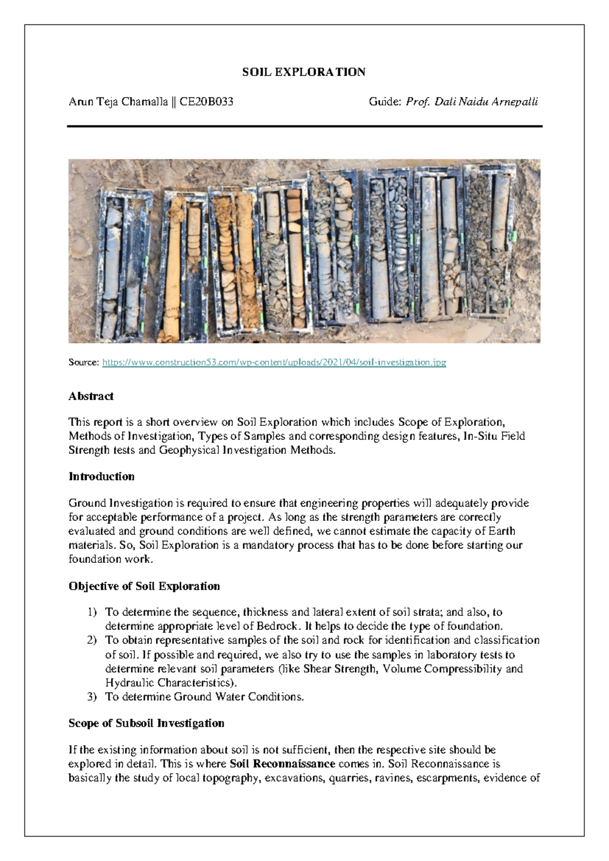 CE20B033 Class Test 3 Soil Exploration Report - SOIL EXPLORATION Arun ...