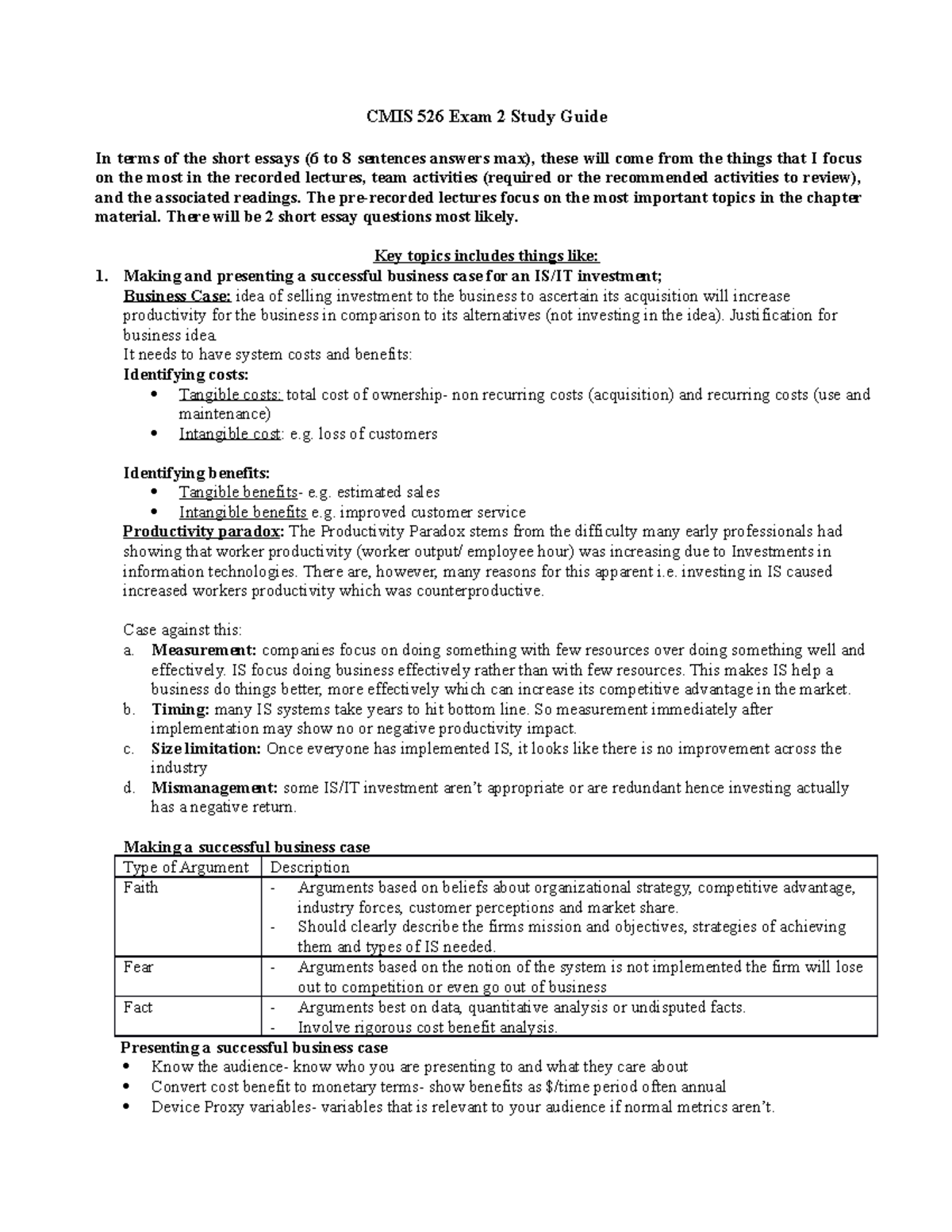 Exam 2 Study guide - CMIS 526 Exam 2 Study Guide In terms of the short ...