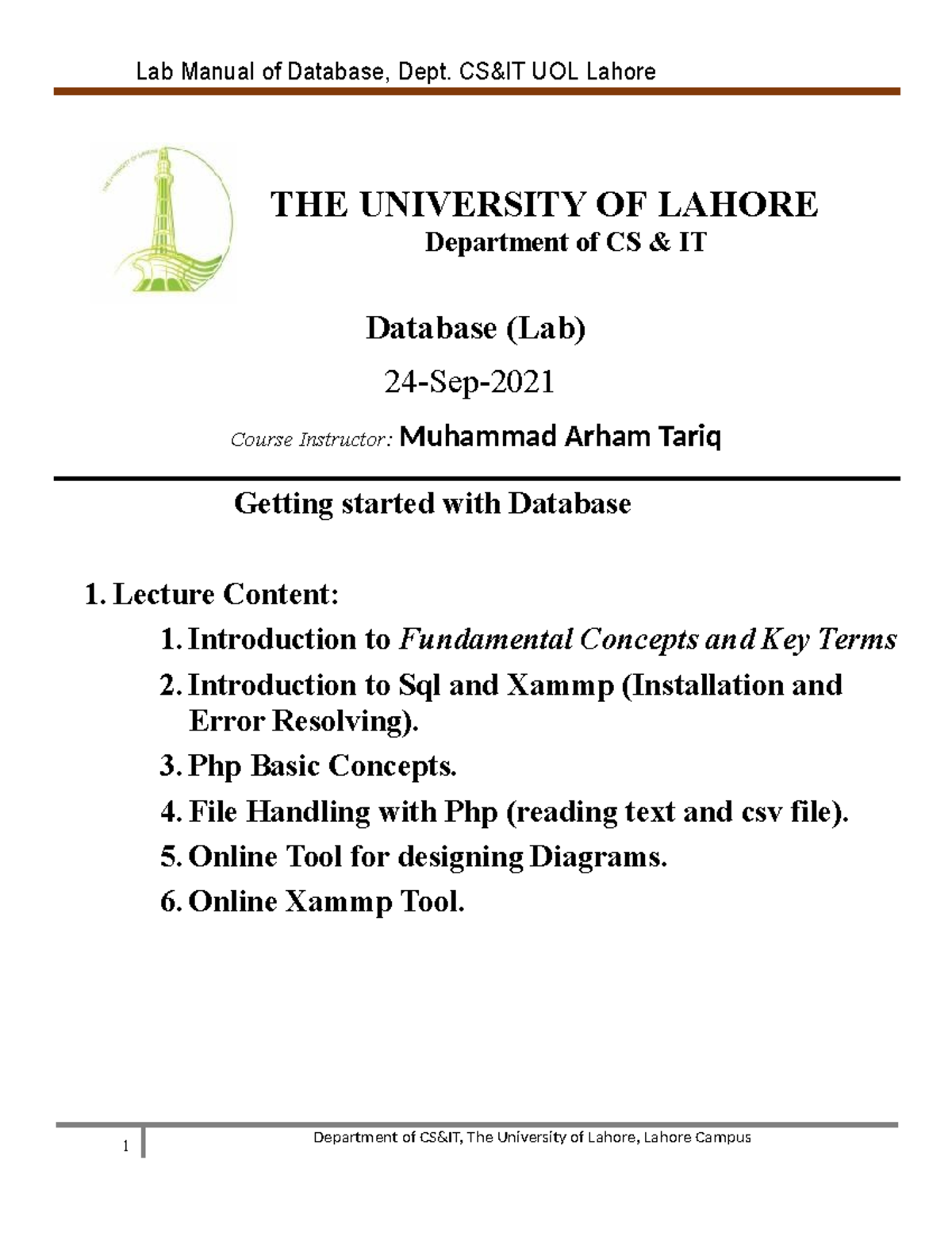 Lab 1 task - ........ - Lab Manual of Database, Dept. CS&IT UOL Lahore 1 Department of - Studocu