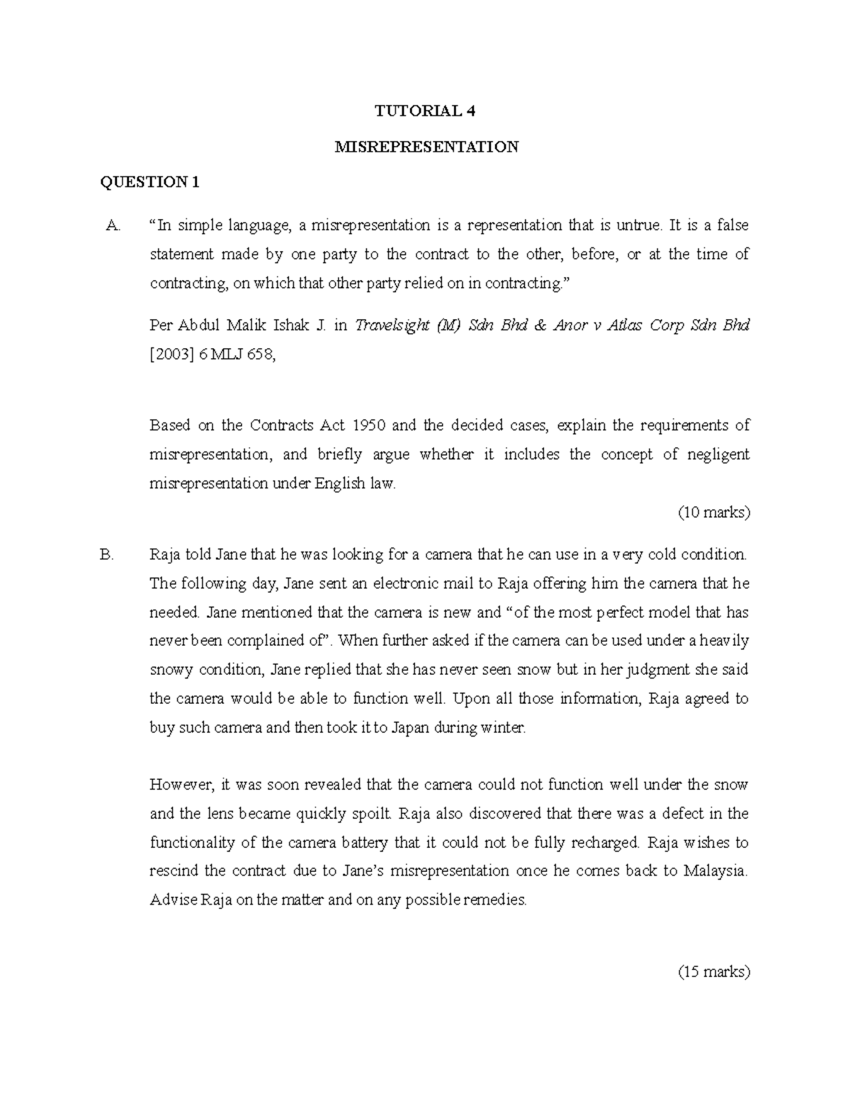 Tutorial 4- Misrepresentation - TUTORIAL 4 MISREPRESENTATION QUESTION 1 ...
