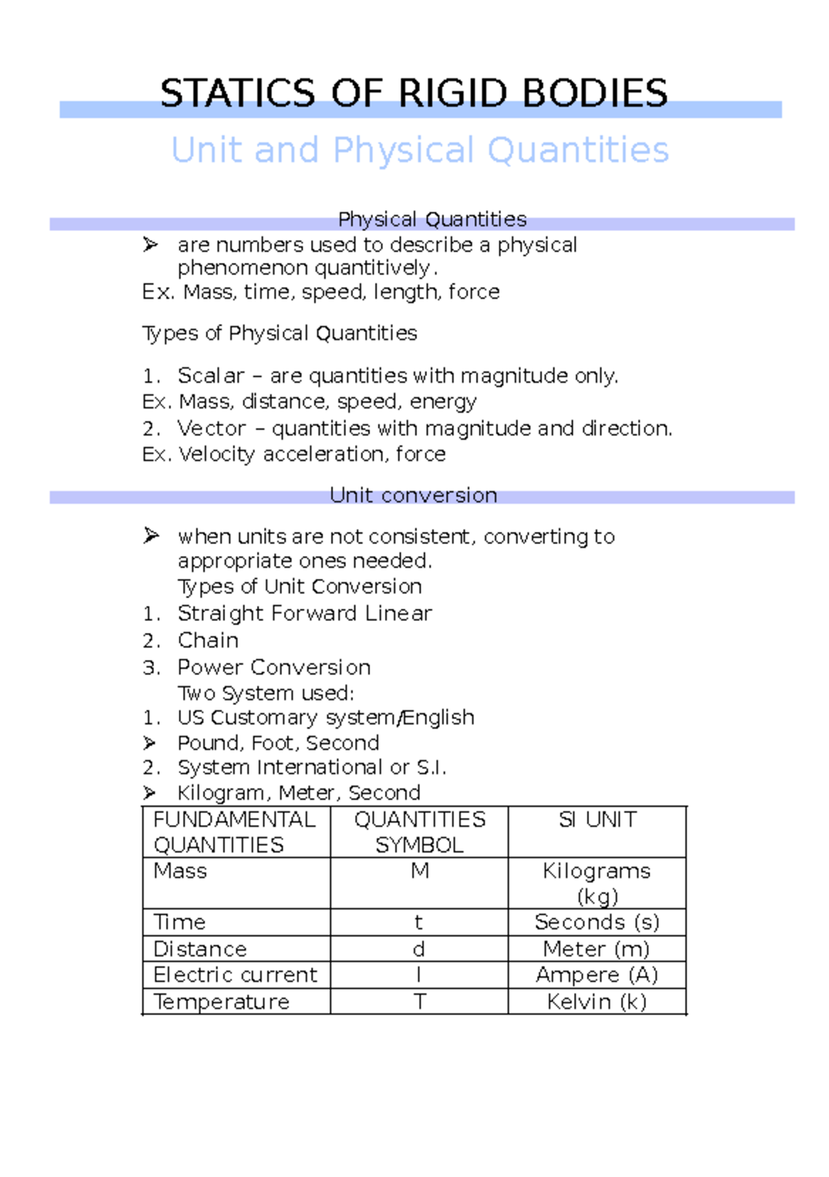 Static formula notebook - Unit and Physical Quantities ####### Physical ...