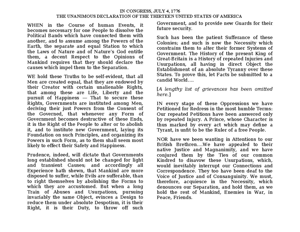 1776-07-04 Decl of Ind - Brief w questions - IN CONGRESS, JULY 4, 1776 ...